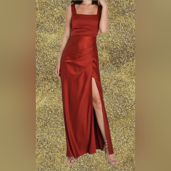 Lulus | Dresses | Lulus Rust Orange Satin Square Neck Maxi Dress Size ...